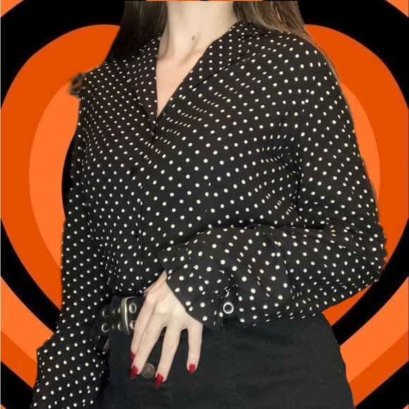 Hot Topic | Tops | Black White Polka Dot Button Up Blouse With Ruffle ...